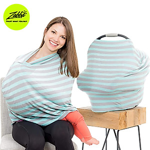 Car Seat Covers for Babies - Stretchy, Lightweight, and Extra Soft Nursing Cover - Multiuse - Covers Carseat, High Chairs, Shopping Carts - Bonus Infant Baby Beanie and Bag (Blue and Grey)