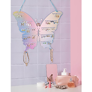 NiHome Iridescent Acrylic Butterfly Wall Mount Jewelry Organizer, Aesthetic Earring and Necklace Holder for Home and Store Use, Easy No-Tool Installation & Elegant Design for Enhanced Jewelry Display