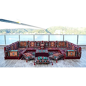 Premium U Shaped Arabic Sofa Set, Maroon Floor Cushions, Arabic Seating Floor Sofa, Backrests, Moroccan Sofas, Arabic Majlis (U Sofa Full Set)