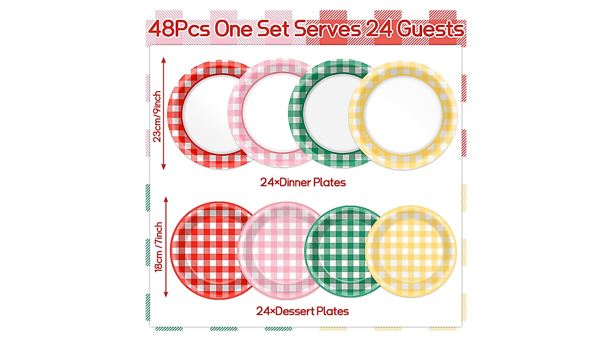 Colorful 48 Pcs Camp Gingham Paper Plates for Parties