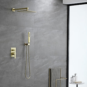 SHAMANDA Brass Rainfall Shower System, Luxuly Bathroom Shower Faucet Combo Set Brushed Gold(Including Rough-In Valve Body and Trim), L70001-3