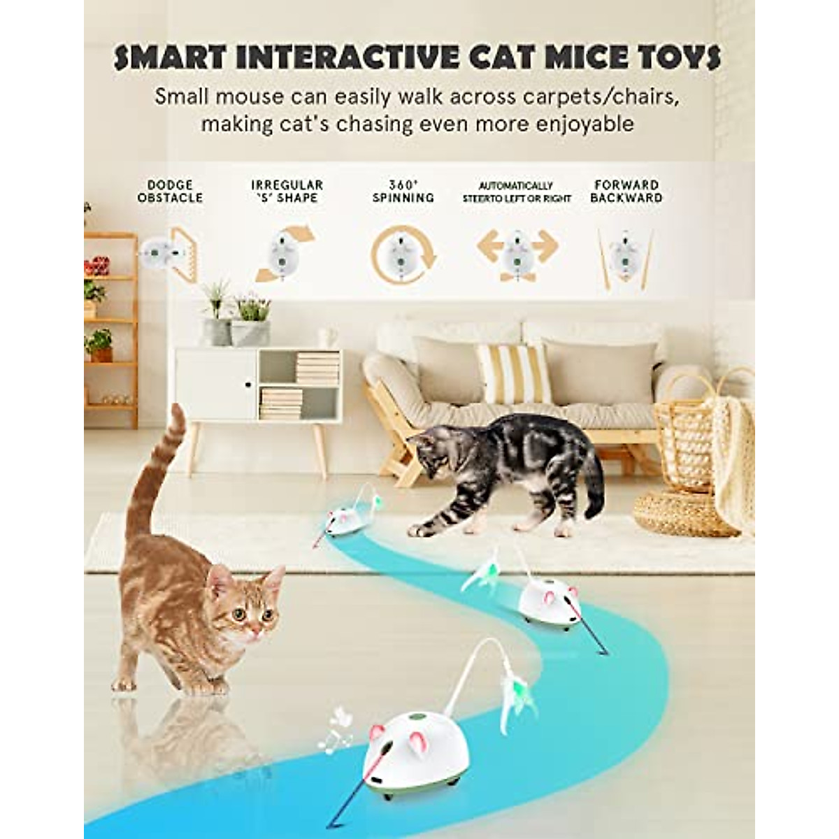 Bumfey 4-in-1 Automatic Cat Mice Toys for Indoor Cats, Interactive Electric Moving Cat Toys with Feather, LED Lights, Bird Sound, Laser, Smart Kitten Toys for Pet Exercise Playing