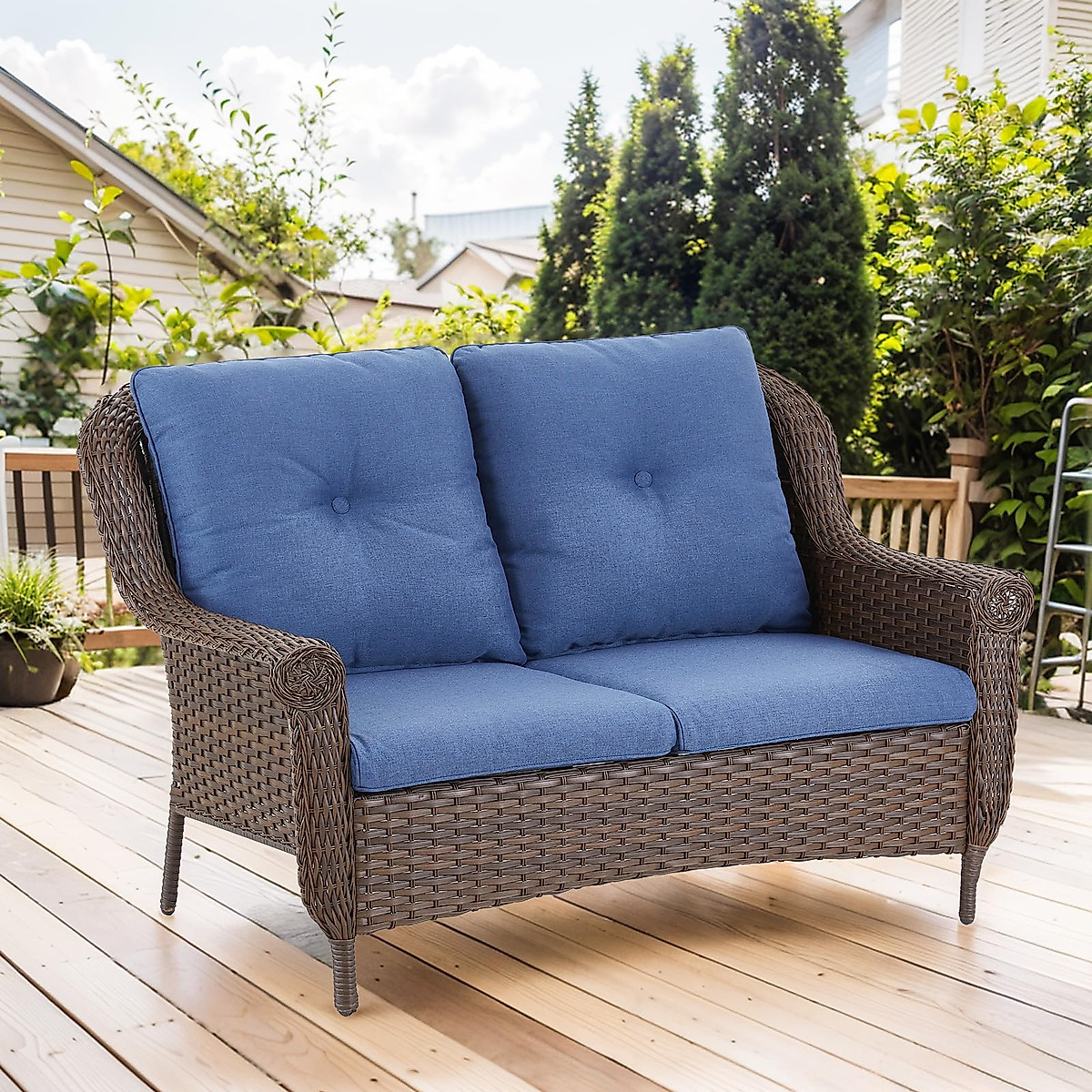 Bellefurn Patio Wicker Sofa Brown Rattan Loveseat Outdoor Couch with Chrysanthemum Armest & Water Resistant Cushions Sofa for Garden Balcony Backyard Poolside, Blue Cushions Loveseat(1PC)