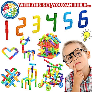 WishaLife 175 Pieces STEM Building Blocks Set, Kids Tube Locks Construction Set with Baseplate, Preschool Educational Pipe Toy Gift for Toddler Aged 3+