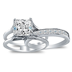 Size 7 - Solid 925 Sterling Silver Bridal Set Princess Cut Solitaire Engagement Ring with Matching Channel Set Wedding Band CZ Cubic Zirconia 2.0ct. With Elegant Velvet Ring Box