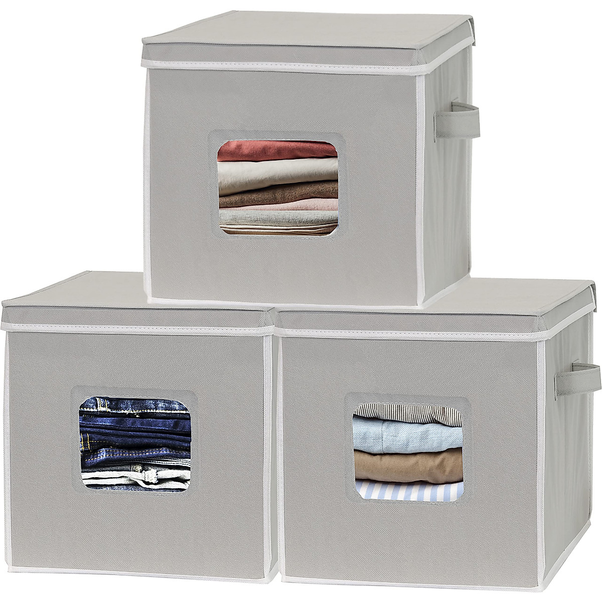 Simple Houseware 3-Pack 12-Inch Cubic Storage Basket w/Lid, Window and Side Handles, Grey