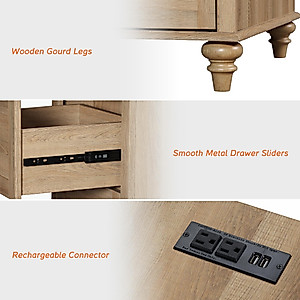 WAMPAT Dresser for Bedroom with 5 Drawers and 2 Storage Cabinet, End Table with Charging Station for Living Room, Mid Century Modern Kids Dressers with Wide Chest of Drawers for Nursery, Oak