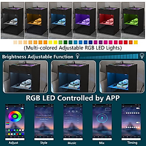 HOMMPA Open Shelf LED Nightstand with Charging Station 2 Drawers Bedside Table Black Night Stand with Storage Smart Nightstands High Gloss Night Table with Led Light for Bedroom Furniture