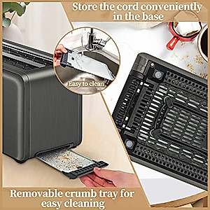 SEEDEEM Toaster 4 Slice, Long Slot Toaster with LCD Display Touch Buttons, 7 Shade Settings, 6 Bread Selection, Stainless Steel Toaster for Bagel, Defrost, Cancel, Removable Crumb Tray, 1400W, Dark Metallic