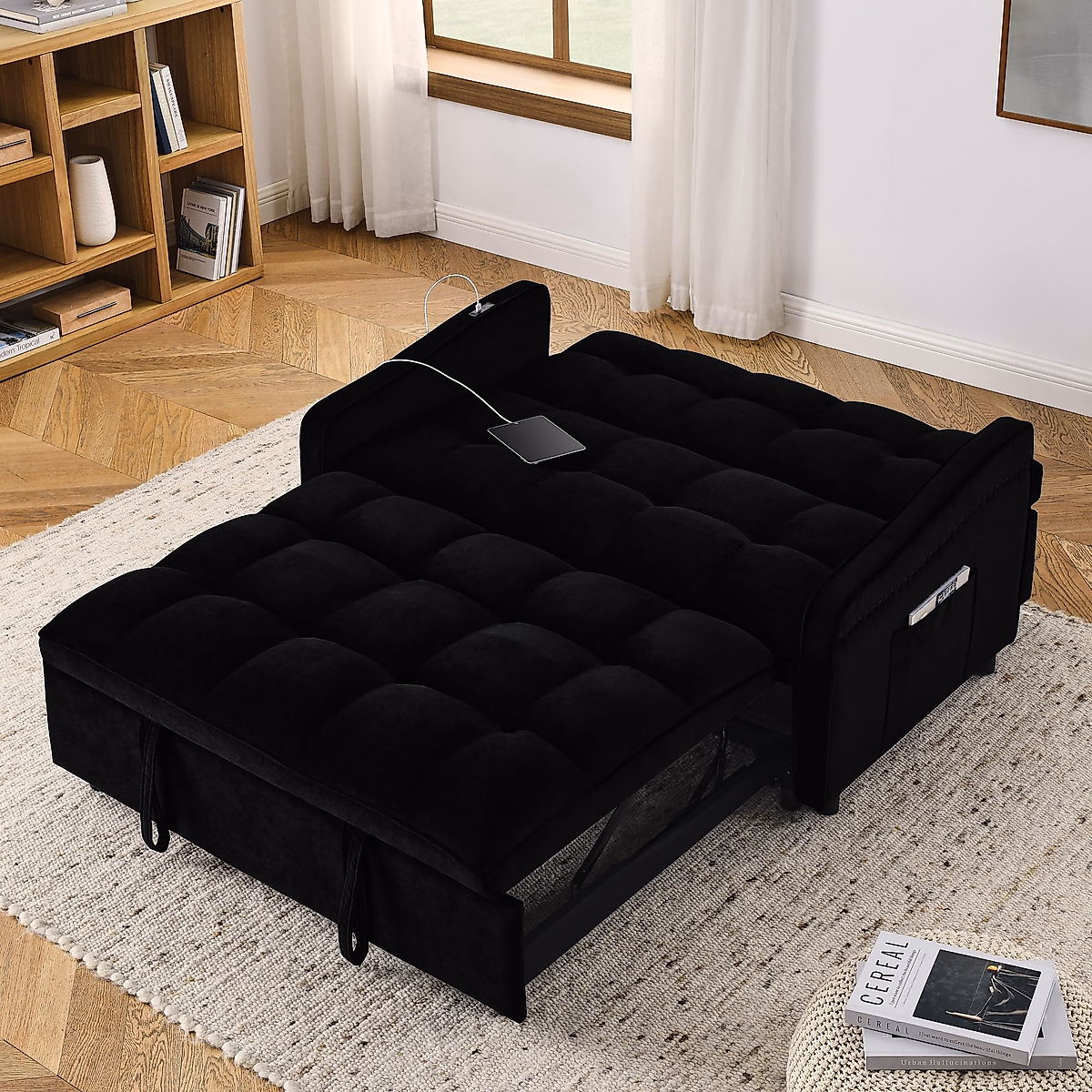 Verfur 3 in 1 Pull Bed Sleeper, Modern Upholstered Loveseat Lounge Sofa & Couches w/Reclining Backrest, Convertible Futon Love Seat Small Furniture for Living Room, Black w/USB Charging