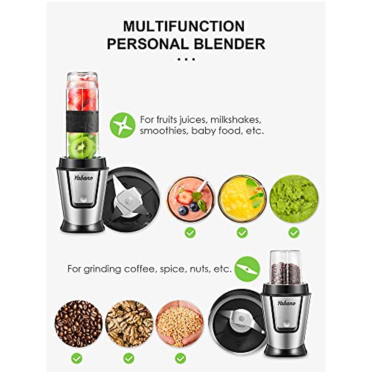 Personal Blender with 2 x 20oz Travel Bottle and Coffee/Spices Jar, Portable Smoothie Blender and Coffee Grinder in One , 500W Single Serve Blender for Shakes and Smoothies, BPA free, by Yabano (Black)