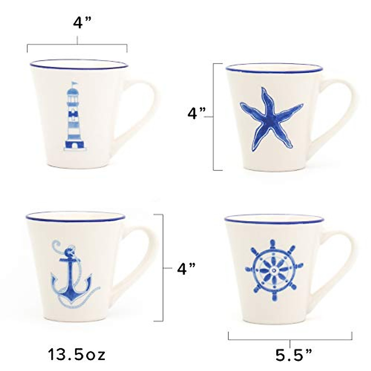 Euro Ceramica Ahoy Collection Nautical Ceramic Coffee/Tea Mugs, 13.5oz, Set of 4, Assorted Designs, Blue & White