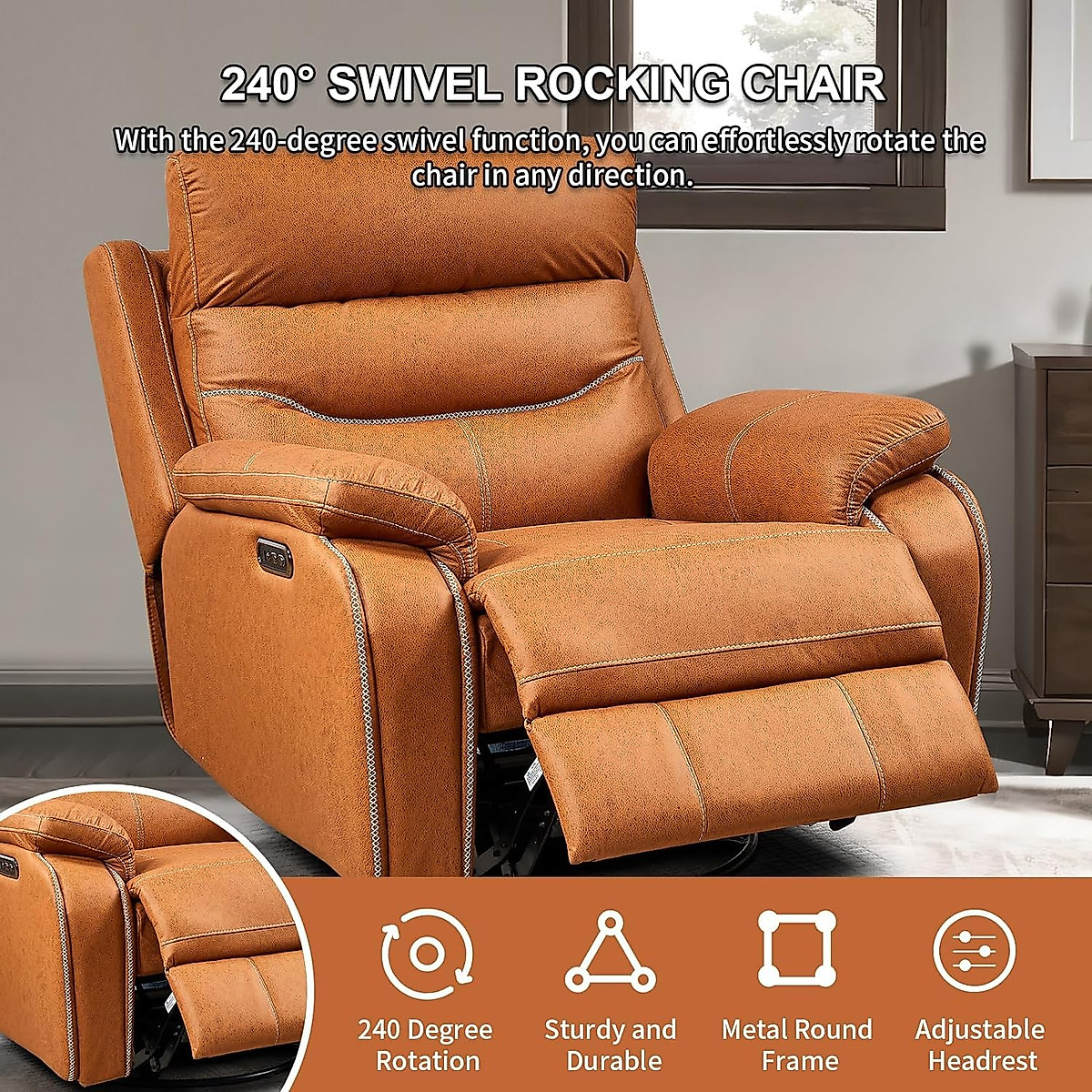 LETSHOME Electric Dual Motor Rocker Recliner USB Ports, 240 Degree Swivel Adjustable Rocking Chair with Power Headrest, Single Sofa Seat with Footrest for Living Room, XL, Brown