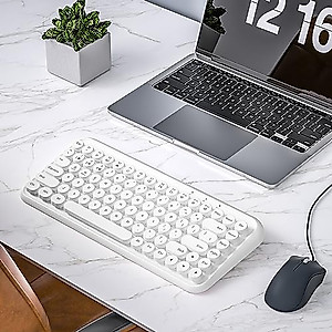 Wireless Bluetooth Keyboard, 2.4GHz Typewriter Retro Keyboard, 84 Keys Portable Office Computer Keyboard with 2xAA Batteries and Cute Floated Round Keycaps for Windows Android PC Laptop Mac iPad,White
