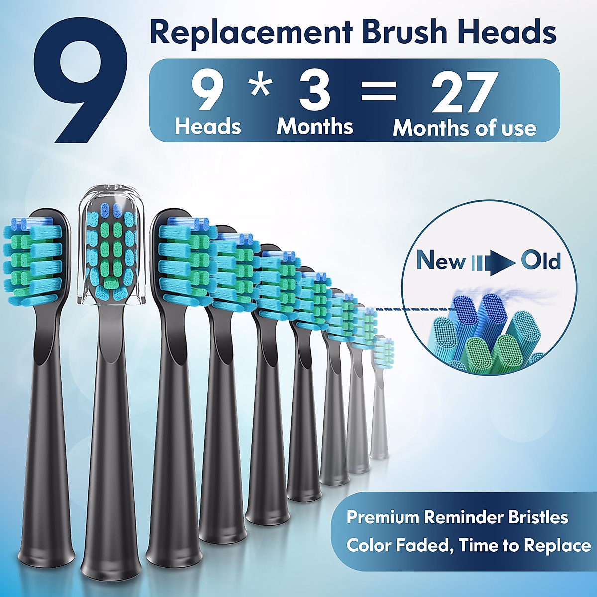 DADA-TECH Electric Toothbrush for Adults and Kids, Sonic Toothbrush Rechargeable with 9 Brush Heads, 5 Modes and 2 Minutes Smart Timer, 4Hours Charge for 60 Days, Roman Column Handle (Black)