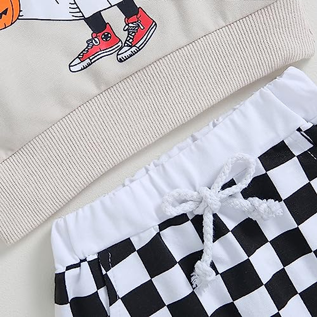 Lamuusaa Newborn Baby Boy Halloween Outfit Ghost Crewneck Sweatshirt Tops Checkerboard Pants Halloween Baby Clothes 0-3T