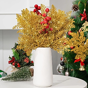 TORINALITAL 22PCS Christmas Tree Picks Sprays, Gold Glitter Artificial Pine Needles Faux Christmas Floral Picks Branches for Christmas Tree Wreath Wedding Bouquet Winter Seasonal Holiday Decoration