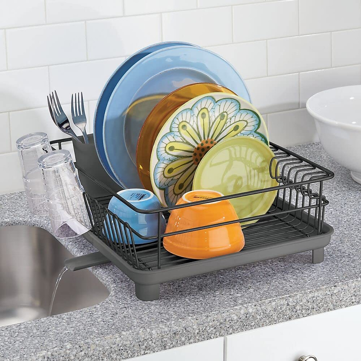 mDesign Large Metal Kitchen Countertop, Sink Dish Drying Rack - Removable Plastic Cutlery Tray, Drainboard with Adjustable Swivel Spout - 3 Pieces - Black/Charcoal Gray