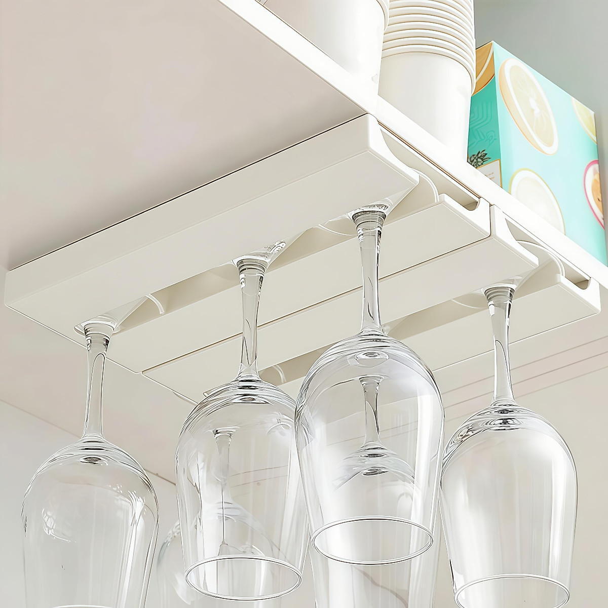 Riipoo Wine Glass Holder Under Shelf, Wine Glass Rack Under Cabinet, No Drill & Screws Stemware Rack for Bar Kitchen, 2-Pack, White