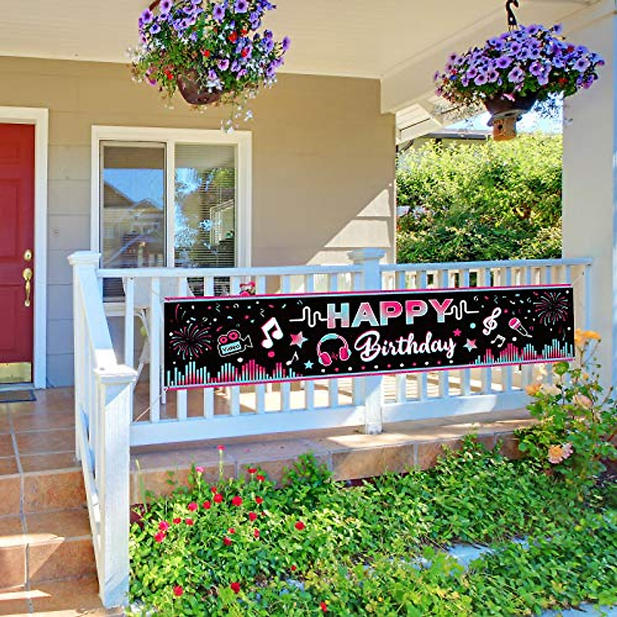 71 x 16 Inch Happy Birthday Banner Decorations, Large Fabric Music Party Banner Backdrop Background Photo Booth Banner Indoor Outdoor Decor for Teens Social Media Theme Birthday Party Supplies