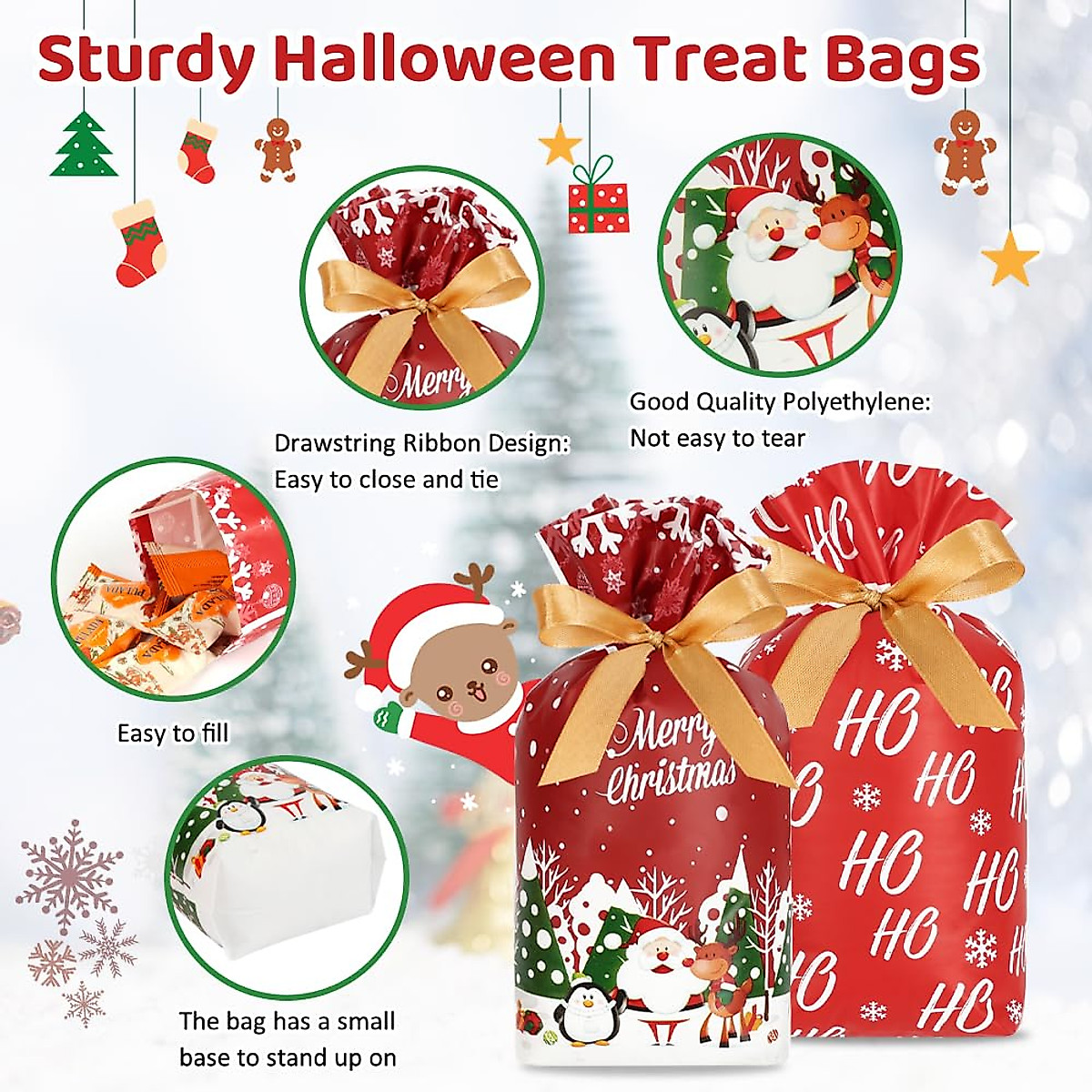 Shintop Christmas Treat Bags Drawstring, 50PCS Plastic Holiday Goodie Bags 5.8x9inch Reusable Gift Pouches for Party Favors Sweets Cookies