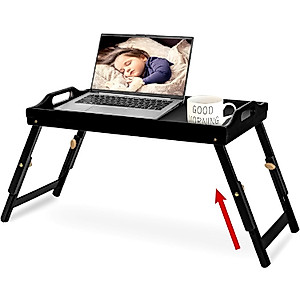 Mayyol Large Breakfast Bed Tray for Eating - Height Adjustable Raised Food Table - Bamboo Serving Tray on Lap Sofa - Portable Snack Platter with Folding Legs Ideal for Bedroom Picnic - Black