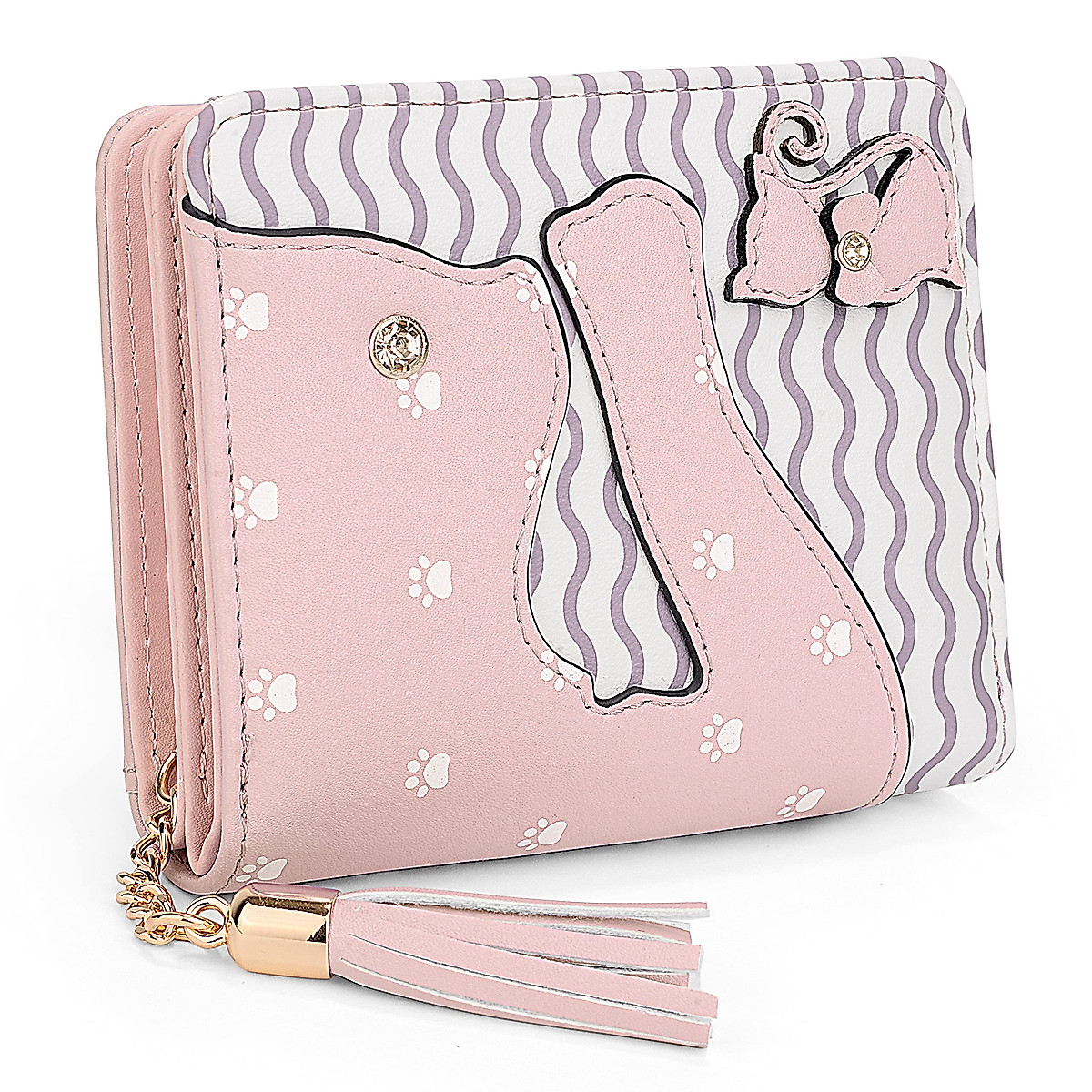 UTO Wallet for Girls Cute Cat Leather Vegan Small Women Card Holder Kawaii Coin Purse with Tassel