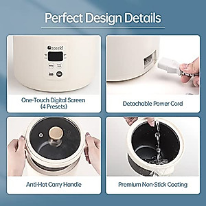 soseki Mini Rice Cooker, 2 Cups Uncooked Rice Cooker Small, One-Touch Screen with 4 Presets Rice Cooker For 1-2 people, 1.2L(1.3 QT) Yogurt Maker For Oatmeal,Macaroni,Borscht,Hot Pot (Pearl White)