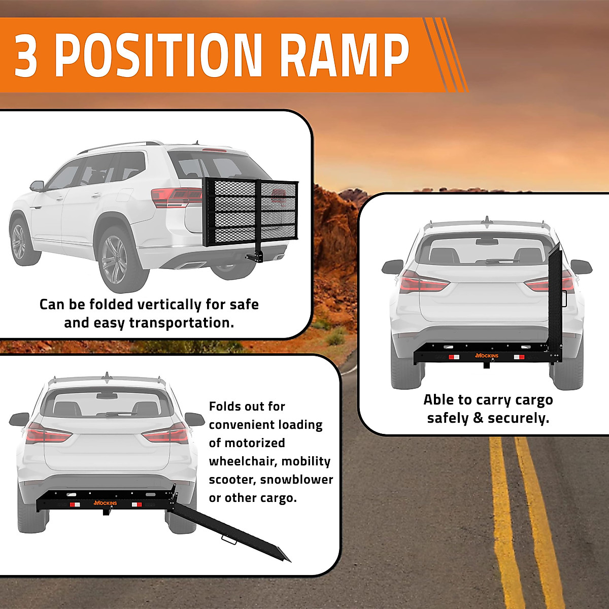 Mockins 500lb Cap. Folding Trailer Hitch Cargo Carrier Rack with Ramp |48"Lx28.5"Wx4.5"H Wheelchair Rack for Car |Heavy Duty Steel Mobility Scooter Carrier with Ramp | Wheelchair Carrier for Car Hitch