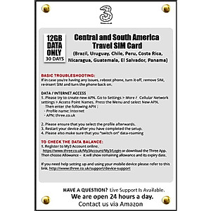 Central and South America Prepaid Travel SIM Card by 3UK. 12GB Data only for 30 Days. We Must Activate The SIM Card.