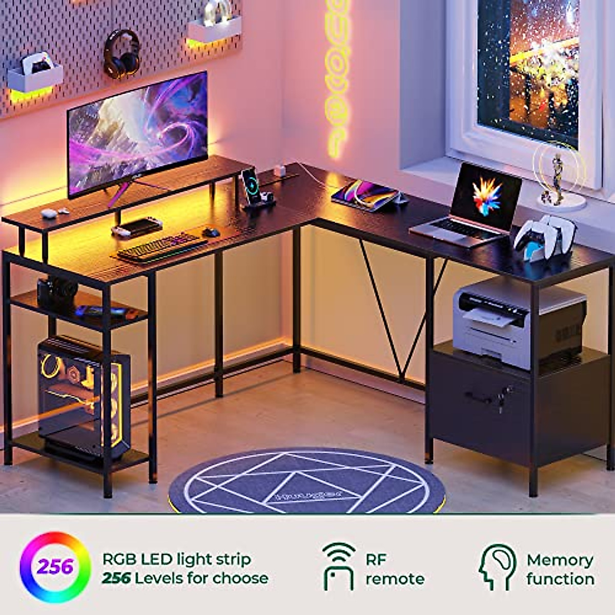 Huuger L Shaped Desk with Power Outlets & LED Lights, Reversible Computer Desk with Storage Shelves & File Cabinet, Corner Desk Home Office Desk, Black