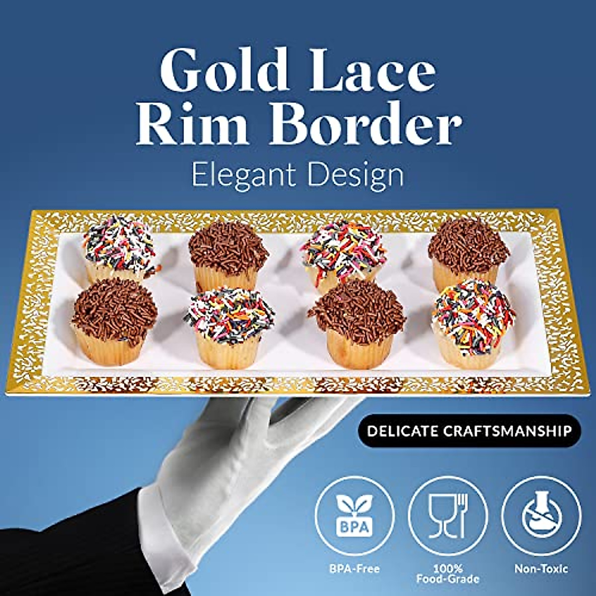 Disposable Serving Trays and Platters Set, Pack of 4 - 7.5 x 14 Inches White Plastic Rectangular Tray with Gold Lace Rim - Decorative Plastic Dessert Trays for Dessert Table, Parties, Weddings