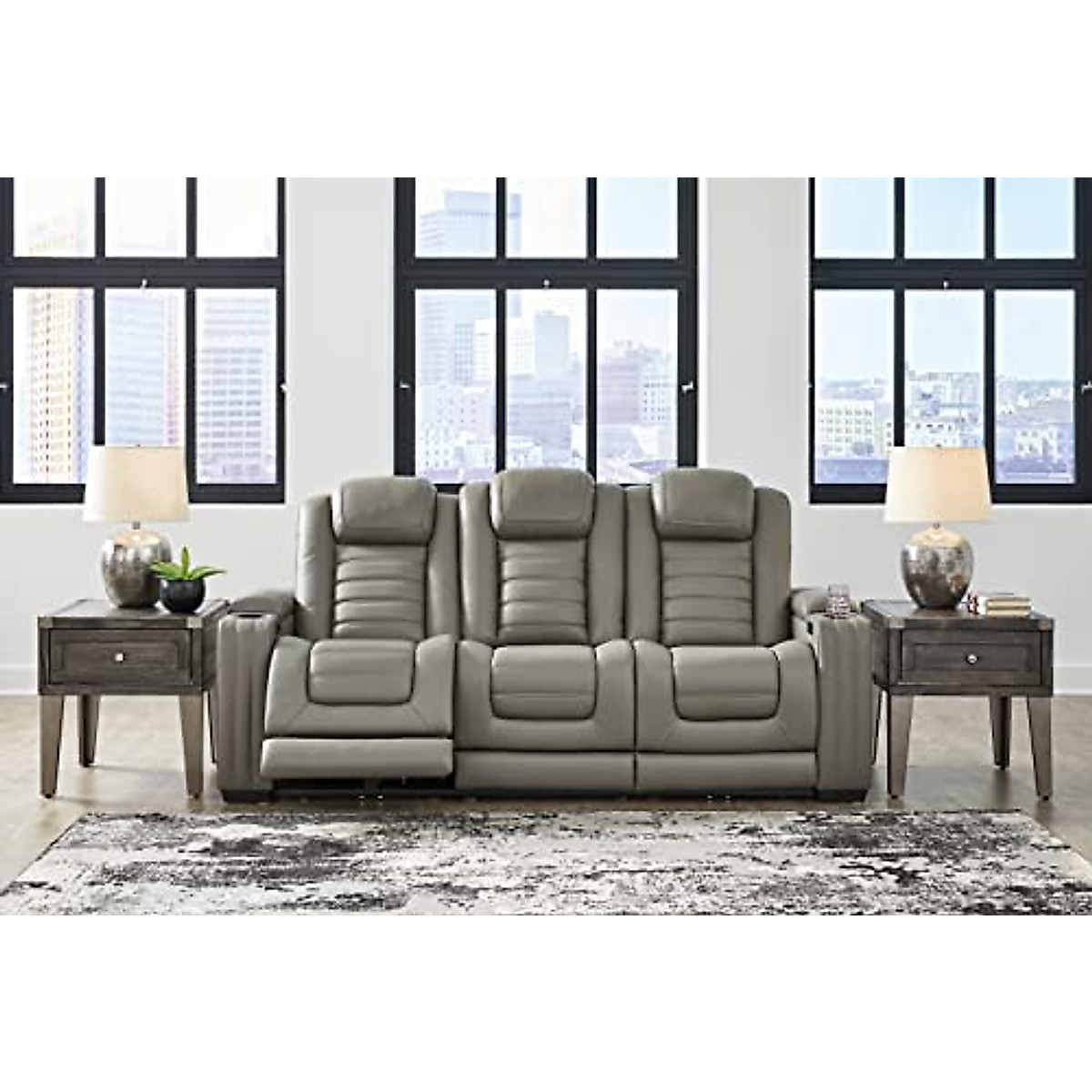 Signature Design by Ashley Backtrack Contemporary Tufted Leather Power Reclining Sofa with Adjustable Headrest, Light Gray