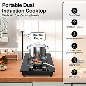 VBGK Double Induction Cooktop, Induction Hot Plate 12 inch 3000W, Induction stove top with Rotary &Touch Control,110V 2 Burner Induction Cooktop with 9 Levels Settings, Child Safety Lock & Timer