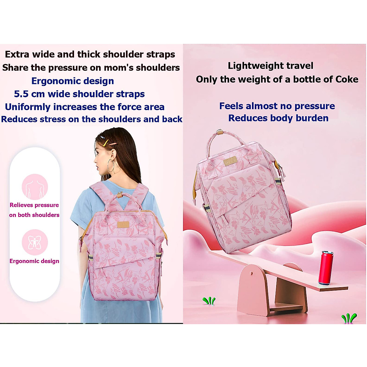 BIGBIGRIVER Diaper Bag Backpack Mom Multifunction Baby Bag Newborn Registry Baby Shower Gifts Essentials Items Diaper Bags Safety Fashion Love Pink