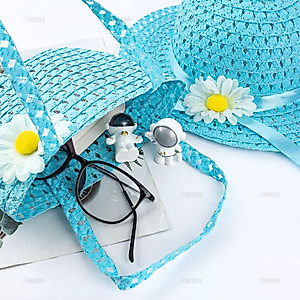 AUEAR, 3 Set Girls Straw Hat and Purse Set Tea Party Summer Beach Sunflower Daisy Flower Sunhats Blue Yellow Pink