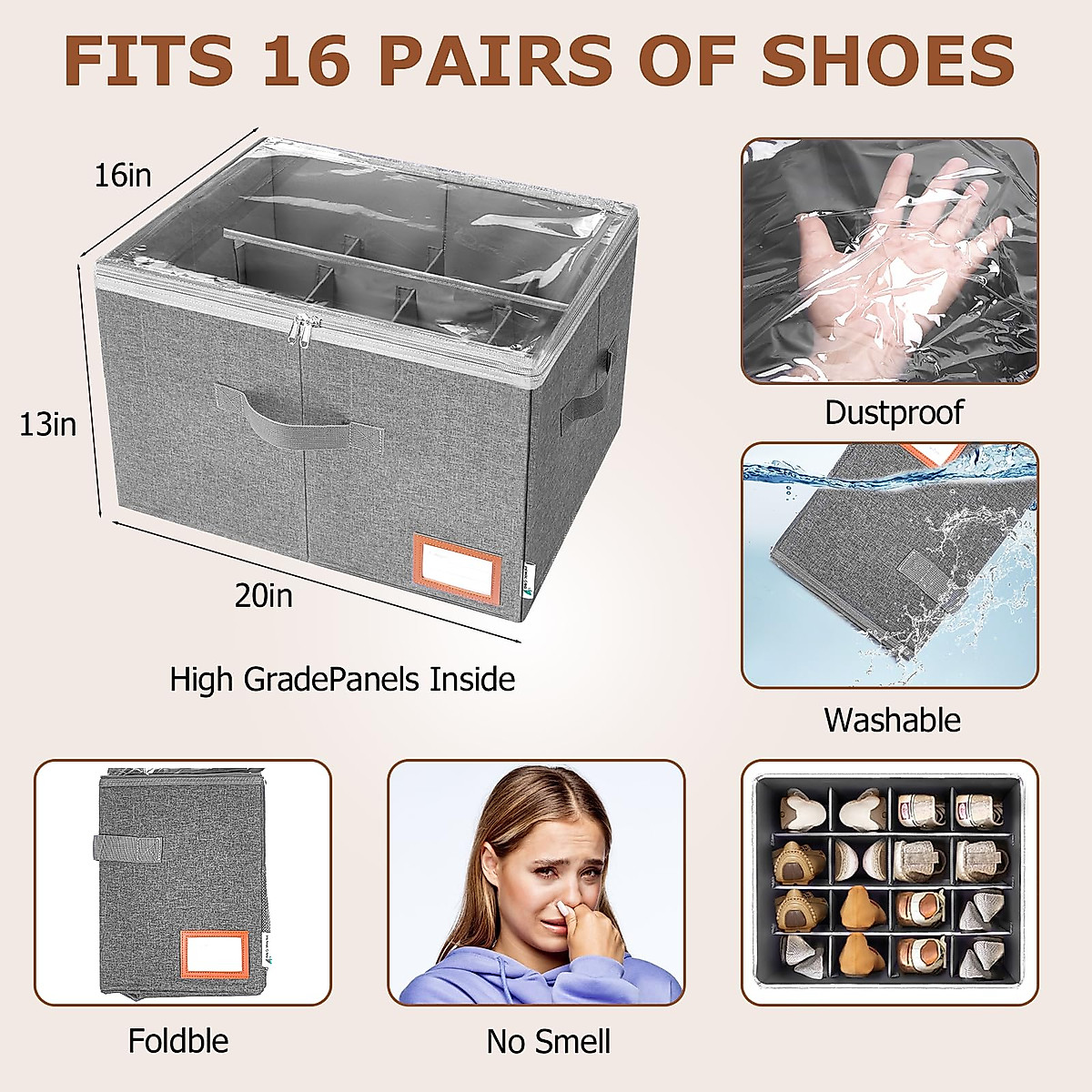 PENGLONG Adjustable Storage Bins for Closet, 16Pairs Wardrobe Clothes Organizer, Shoe Bin, Shoe Organizer, Closet Storage Solution with Clear Window (16PairsDarkGrey)