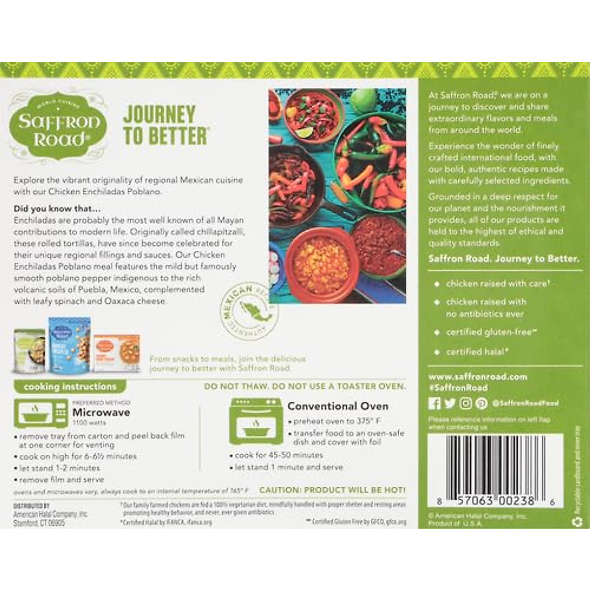 Saffron Road Chicken Enchiladas Poblano with Black Beans and Rice Frozen Dinner, 10oz - Antibiotic Free, Gluten Free, Halal