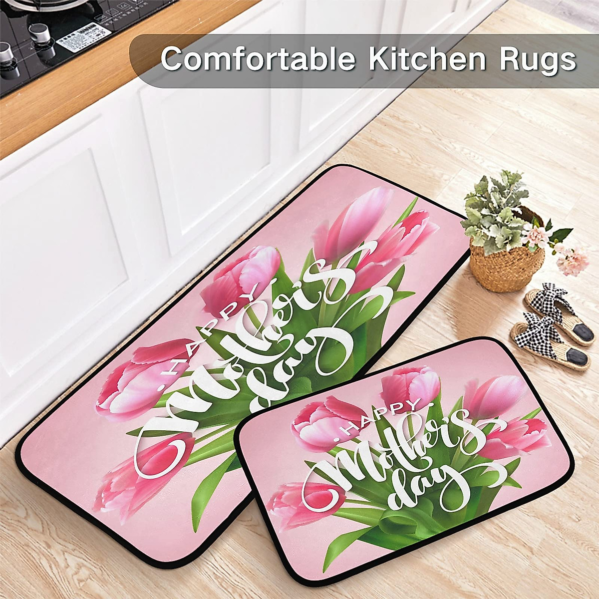 ALAZA Happy Mother's Day Pink Tulip Flower Floral 2 Piece Kitchen Rug Floor Mat Set Runner Rugs Non-Slip for Kitchen Laundry Office 20" x 28" + 20" x 48"