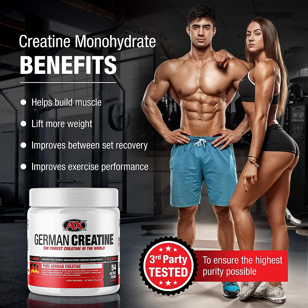German Creatine - Pure Creapure Micronized Creatine Monohydrate Powder, Promotes Muscle Growth, Increase Muscle Mass, Enhance Strength, 99.99% Purity, 3rd Party Tested, 270g (54 Servings)