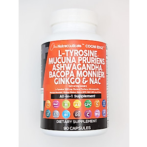 Clean Nutraceuticals L Tyrosine Mucuna Pruriens Bacopa Monnieri Ashwagandha Focus Supplement w/N-Acetyl Cysteine NAC 5-HTP Ginkgo Biloba Alpha GPC Vitamin C D B1 B12