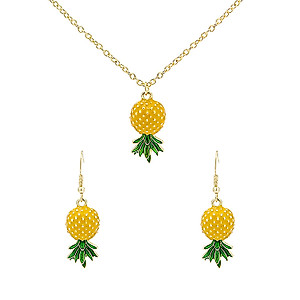Tropical 2pcs Yellow Ruit Green Leaf Pineapple Earings Pendant Necklace Suit for Women Fashion Dangle Earings Jewellery
