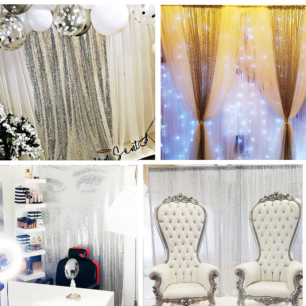 Poise3EHome Silver Sequin Backdrop Curtains, 2 Panels Silver Sequin Backdrop, 2FTx8FT Sequin Curtains for Party Wedding Sequence Backdrop