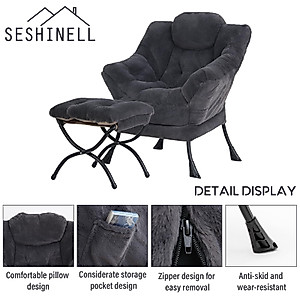 SESHINELL Lazy Chair with Ottoman, Modern Accent Chair Lounge Leisure Sofa Chair with Armrests, Reading Chair and Folding Footstool for Living Room, Bedroom, Office, Plush Navy