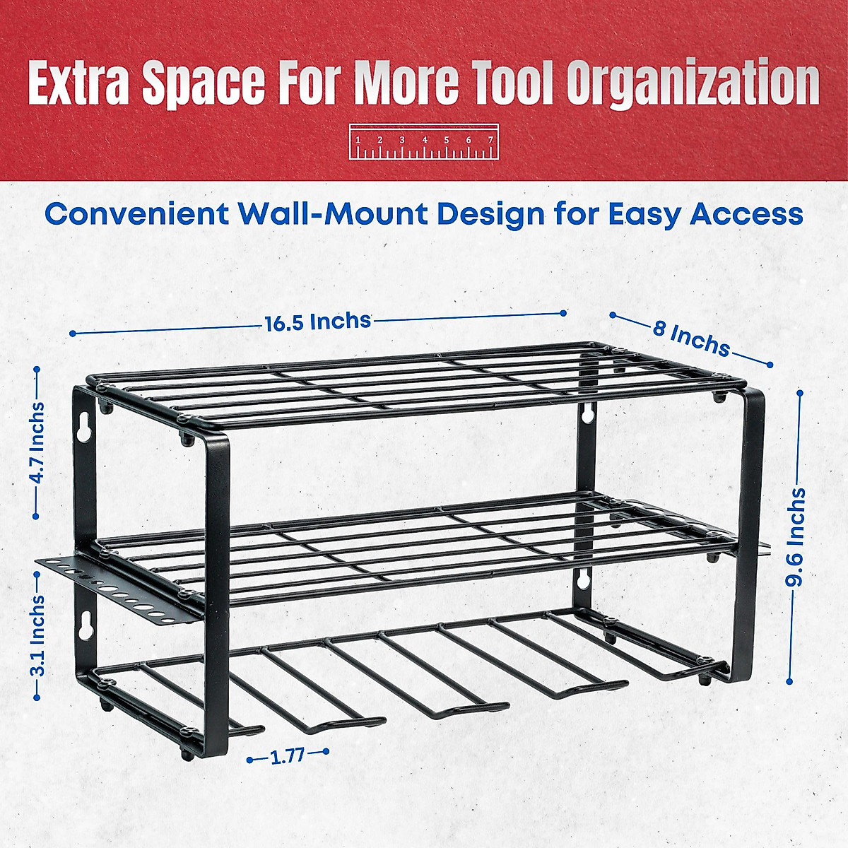 HomeBoo Power Tool Organizer, 4 Power Drill Holder Wall Mount, 3 Layers Heavy Duty Rack Metal Top Shelf, Garage Tool Organizer, Garage Storage Shelf, Father Day Gift