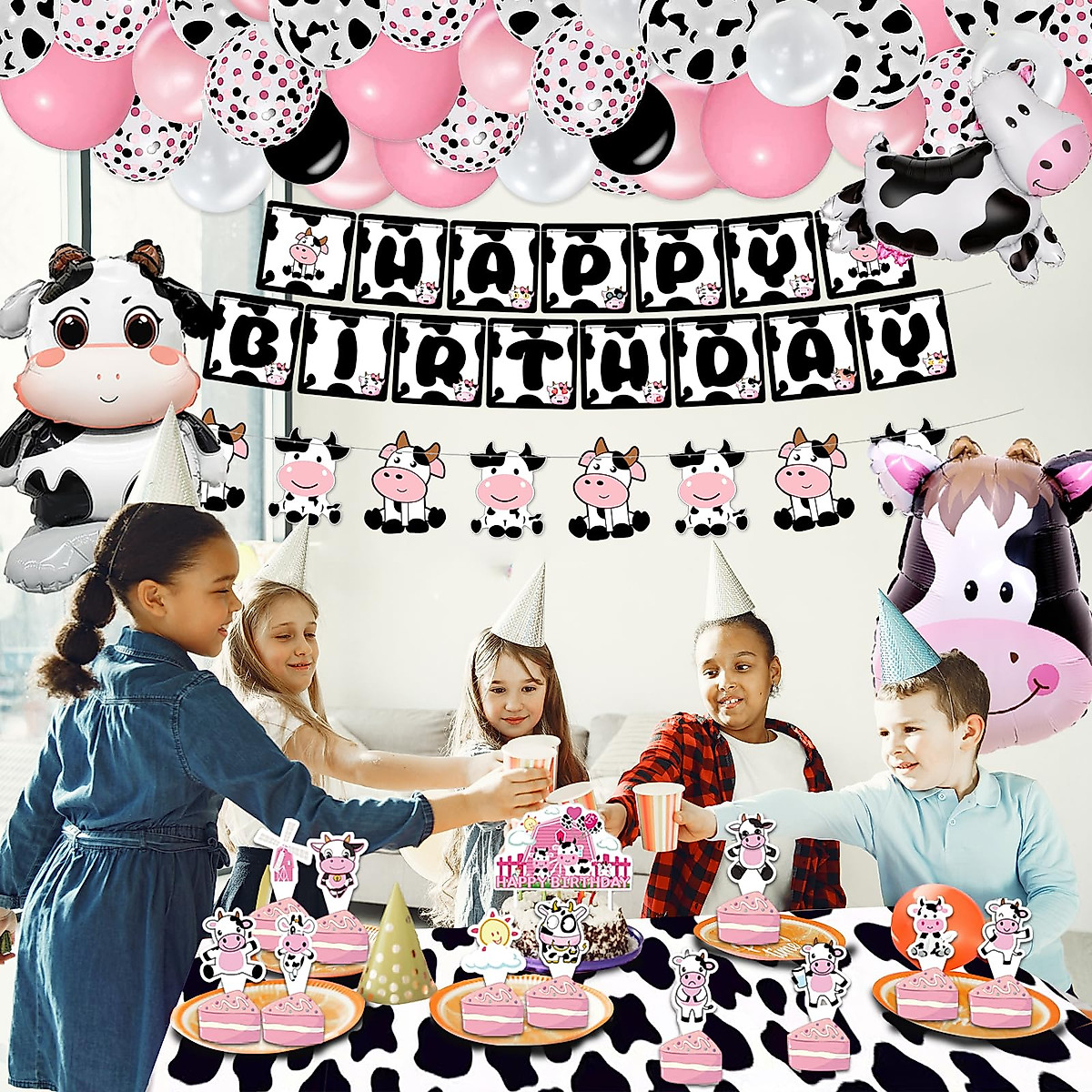 117PCS Cow Party Decorations, Cow Print Birthday Decorations Include Pink Cow Balloon Garland Arch Tablecloth Banner Toppers Balloons for Farm Cow Themed Birthday Party Supplies for Girl Baby Shower