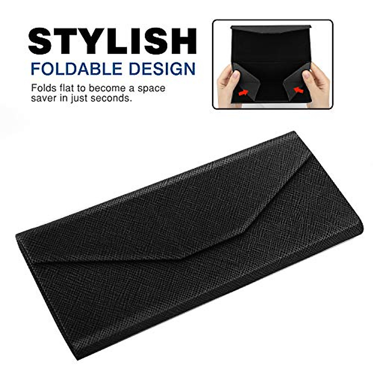 MoKo Foldable Eyeglass Case, PU Leather Portable Lightweight Sunglasses Storage Triangular Fold Case Eyewear Protector Box with Magnet Closure and Cleaning Cloth for Men Women Youth Kids, Black