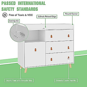 BANIROMAY Baby Changing Table Dresser with Drawers, Baby Nursery Dresser with Waterproof Changing Diaper Pad, Safety Belt and Hidden Trash Storage (White)