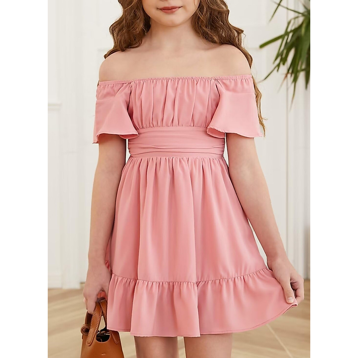 DOKOTOO KIDS Girls Summer Casual Ruffle Short Sleeve Back Tie Graduation Party Dress Pink 8-9 Years Old