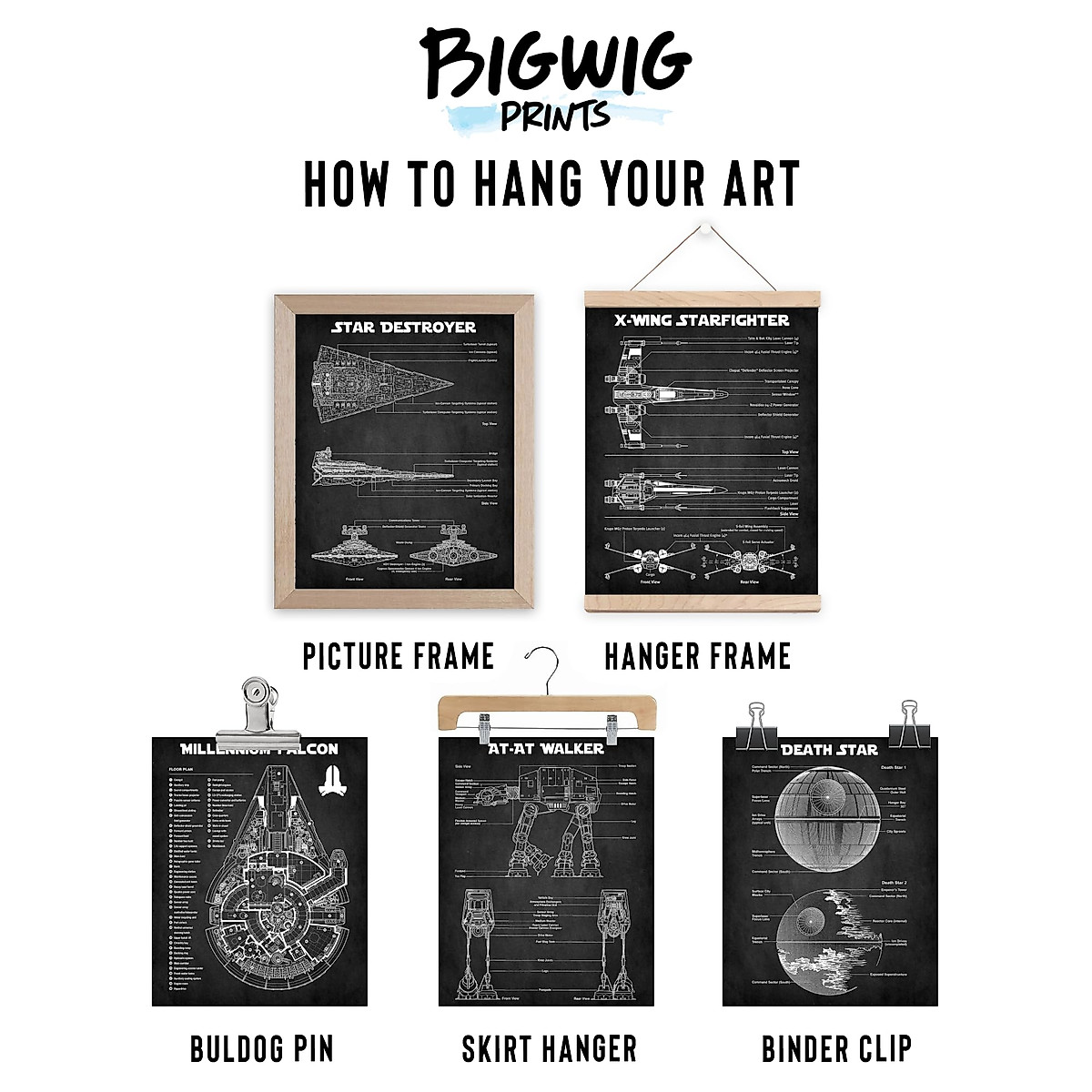 BigWig Prints: Star Wars Blueprints - Star Wars Poster, Starwars Wall Decor, Starwars Posters for Walls, Deathstar, Millennium Falcon, X Wing, Tie Fighter, AT-AT Gifts - Unframed Set of 6 (8x10)
